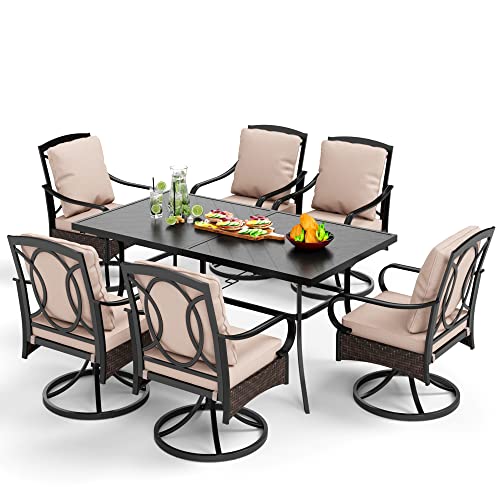 PHI VILLA Outdoor Patio Dining Table and Chairs Set, Heavy Duty 7 Piece Patio Dining Set for 6-6 Extra Large Patio Swivel Chairs, 1 Rectangular 65"x 35"x29" Patio Metal Umbrella Table