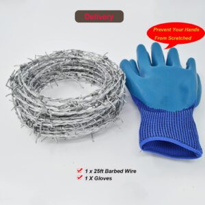 YAGJIA Barbed Wire 25 Ft, 4 Point Barbed Wire Fence, Hot-Dip Galvanized Barb Wire Roll, 18 Gauge Strong and Flexible Wire for Crafts Baseball Ball and Yard Garden