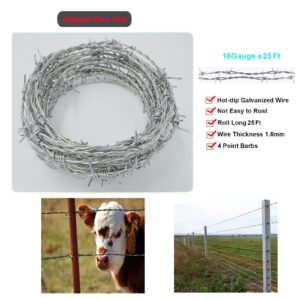 YAGJIA Barbed Wire 25 Ft, 4 Point Barbed Wire Fence, Hot-Dip Galvanized Barb Wire Roll, 18 Gauge Strong and Flexible Wire for Crafts Baseball Ball and Yard Garden