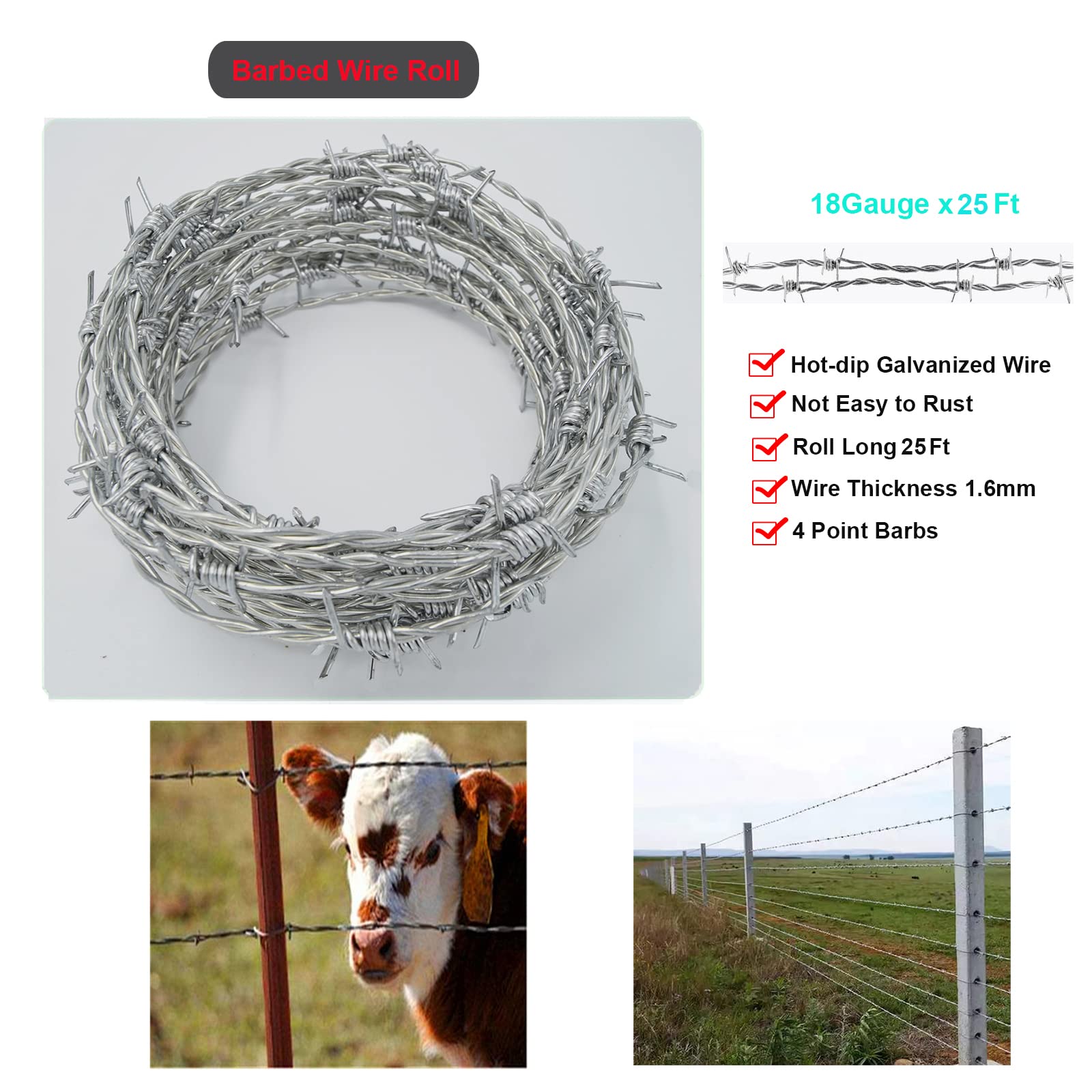 YAGJIA Barbed Wire 25 Ft, 4 Point Barbed Wire Fence, Hot-Dip Galvanized Barb Wire Roll, 18 Gauge Strong and Flexible Wire for Crafts Baseball Ball and Yard Garden