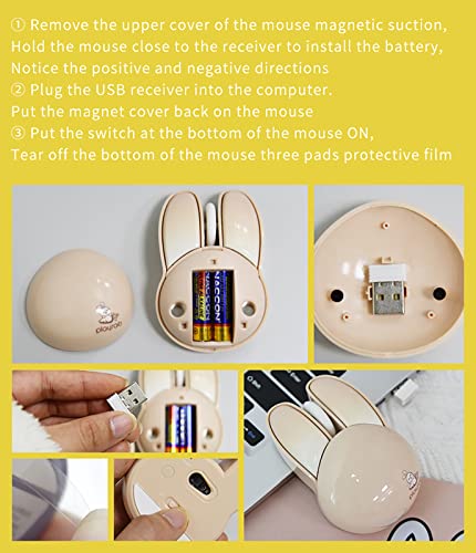 Lomiluskr Cute Bunny Wireless Mouse, Silent Mouse, 2.4G Wireless Mice, Candy Colors, Kawaii Rabbit Mouse for Girls and Kids (Beige Bunny)