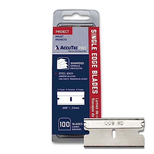 AccuTec Pro Steel Single Backed Edge Razor Utility Blades - 100-Pack - .009" Made of High Carbon Steel for Durability and Long Service Life - APBL-7064