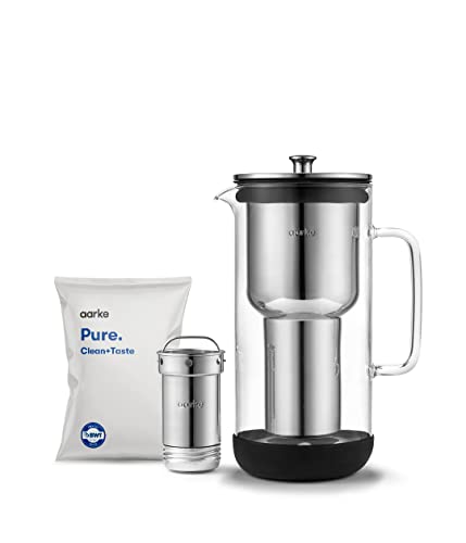 aarke Purifier | Glass Water Filter Pitcher with Refillable Steel Filter | 2.4L / 10 Cups | Includes Pure Filter Granules | Dishwasher Friendly