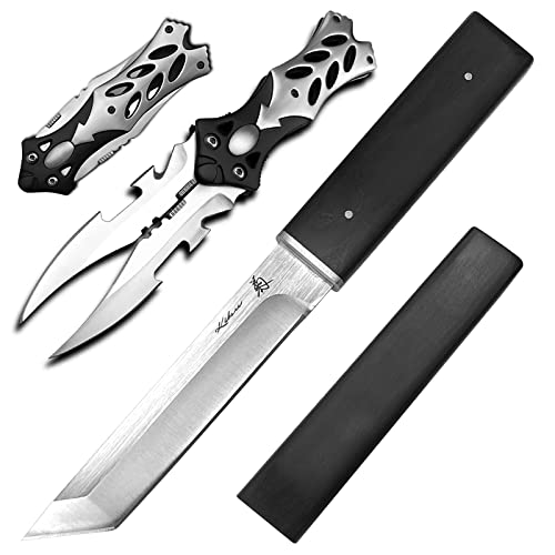 MADSABRE Bundle of 2 Items - Dual Blade Pocket Knife - Japanese Samurai Tanto Fixed Blade Katana - Perfect for Outdoor Hunting Survival Camping EDC Camping Hiking, Unique Gifts for Men