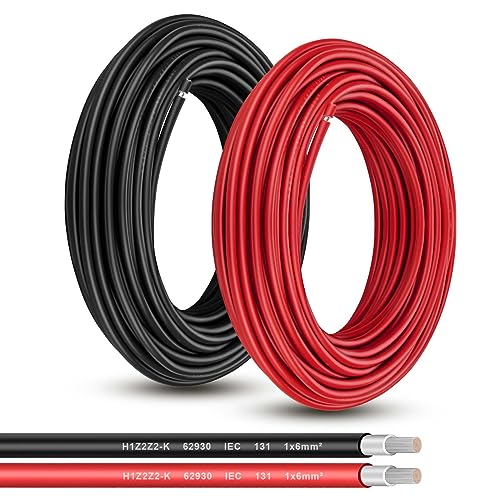 Shirbly Solar Panel Wire - 50FT Black & 50FT Red Tinned Copper Wire, 10AWG (6mm²) PV Wire Solar Extension Cable for Outdoor Automotive RV Boat Marine Solar Panel- Black & Red (10AWG 50FT)