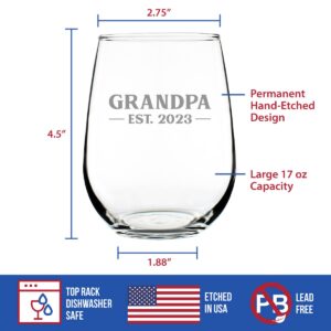 Grandpa Est 2023 - New Grandfather Stemless Wine Glass Gift for First Time Grandparents - Bold 17 Oz Large Glasses