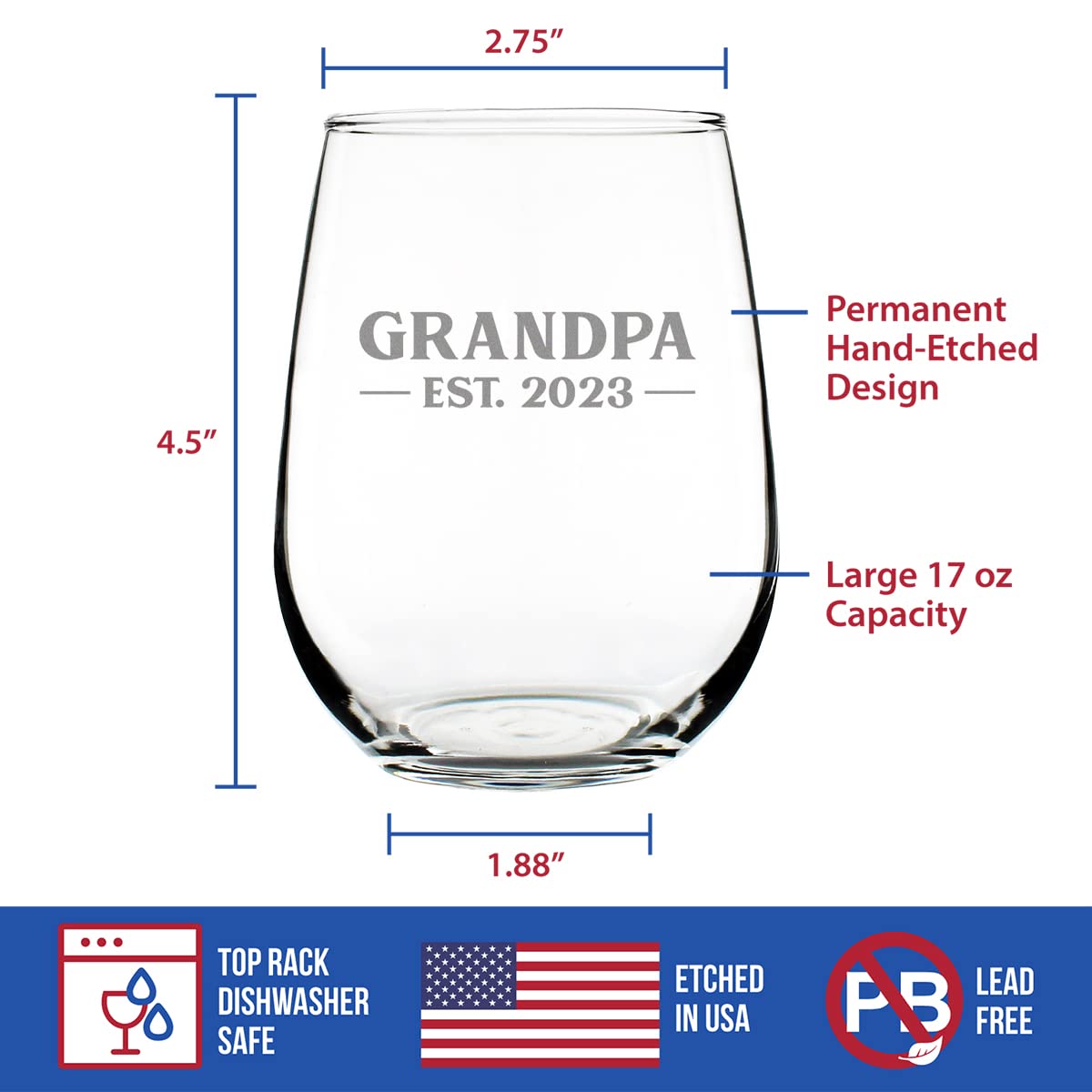 Grandpa Est 2023 - New Grandfather Stemless Wine Glass Gift for First Time Grandparents - Bold 17 Oz Large Glasses