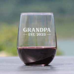 Grandpa Est 2023 - New Grandfather Stemless Wine Glass Gift for First Time Grandparents - Bold 17 Oz Large Glasses