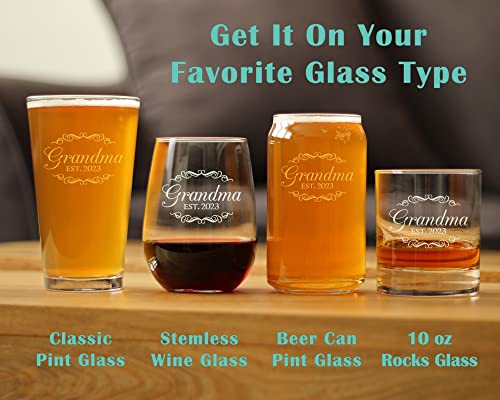 Grandma Est 2023 - New Grandmother Stemless Wine Glass Gift for First Time Grandparents - Decorative 17 Oz Large Glasses