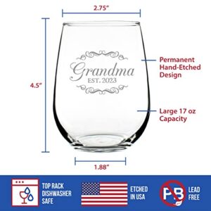 Grandma Est 2023 - New Grandmother Stemless Wine Glass Gift for First Time Grandparents - Decorative 17 Oz Large Glasses