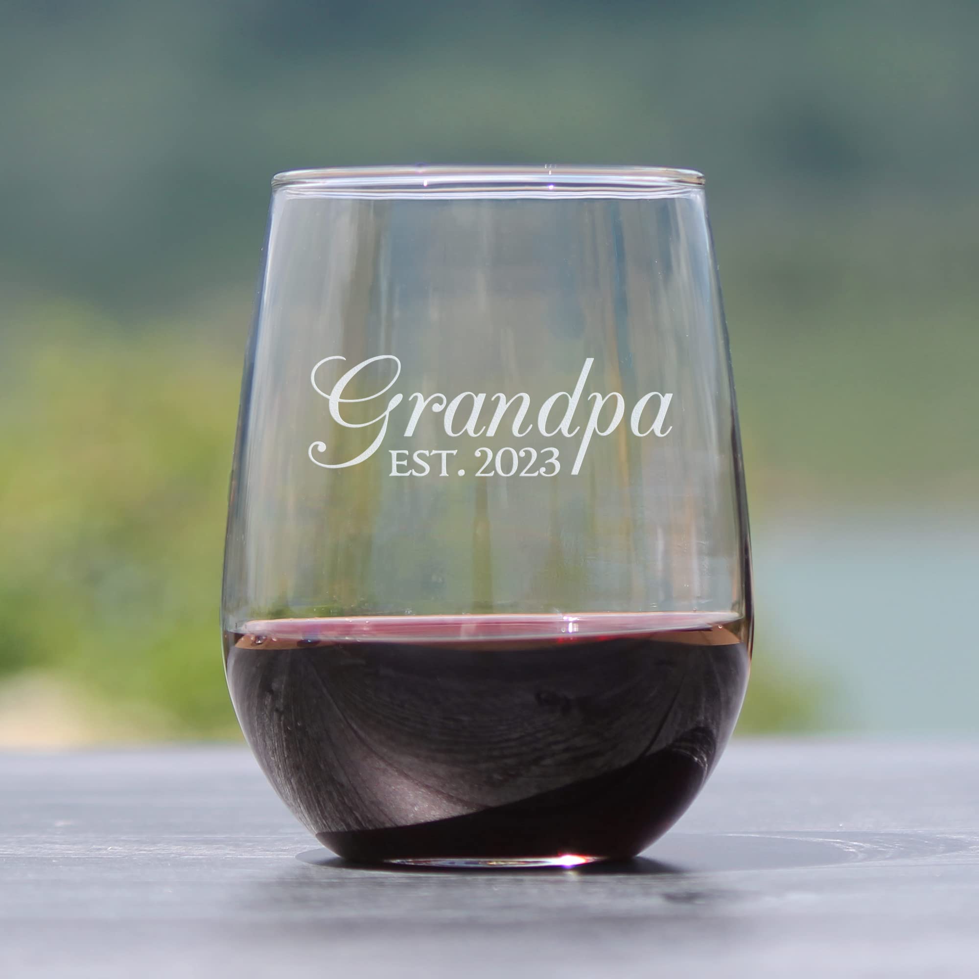 Grandpa Est 2023 - New Grandfather Stemless Wine Glass Gift for First Time Grandparents - Decorative 17 Oz Large Glasses