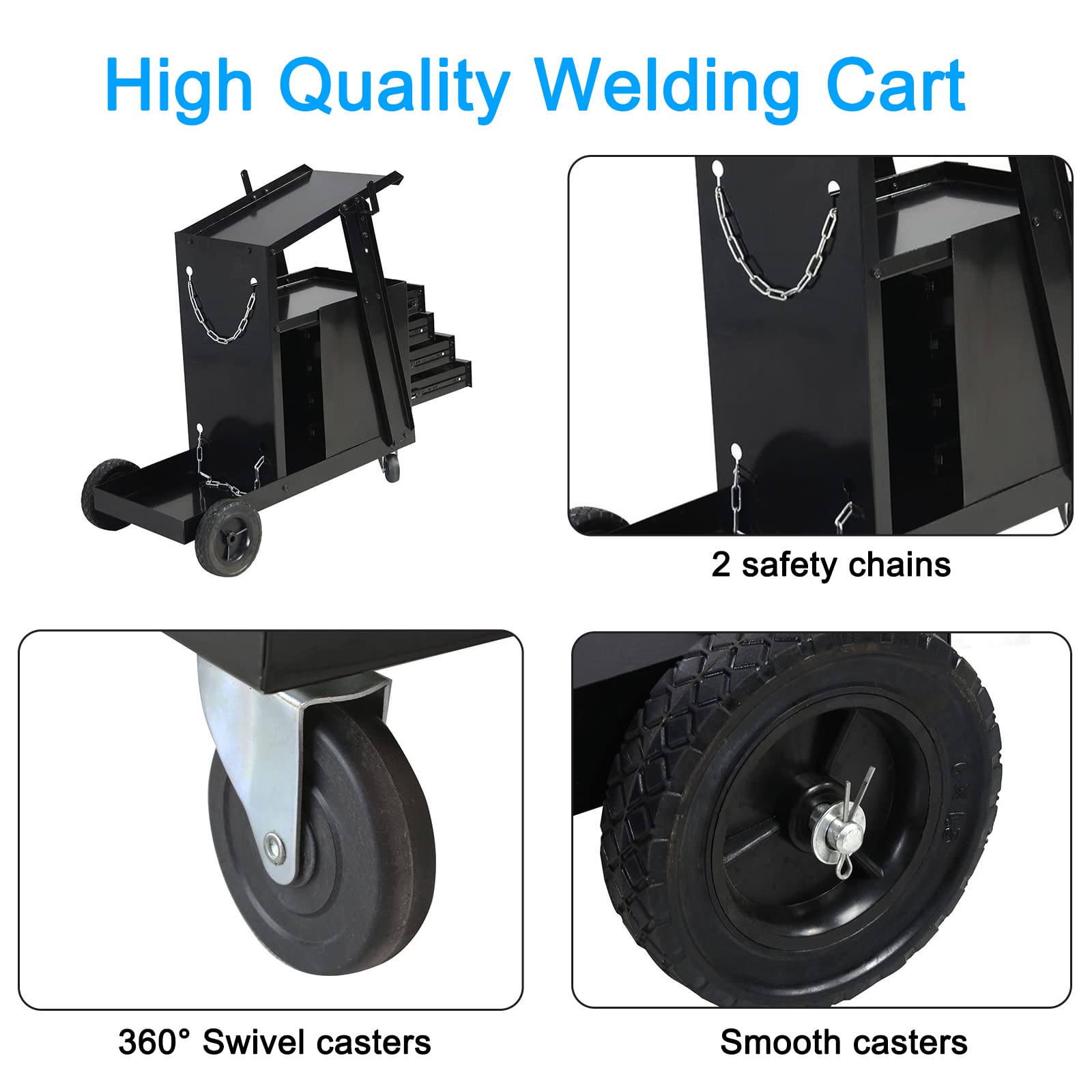 Henf Welding Cart, Rolling Welding Cart, Heavy Duty Wheels Steel Welding Trolley with 2 Safety Chains and Tank Storage, Welding Carts for MIG/TIG Welder and Plasma Cutter (With 4 Drawers)