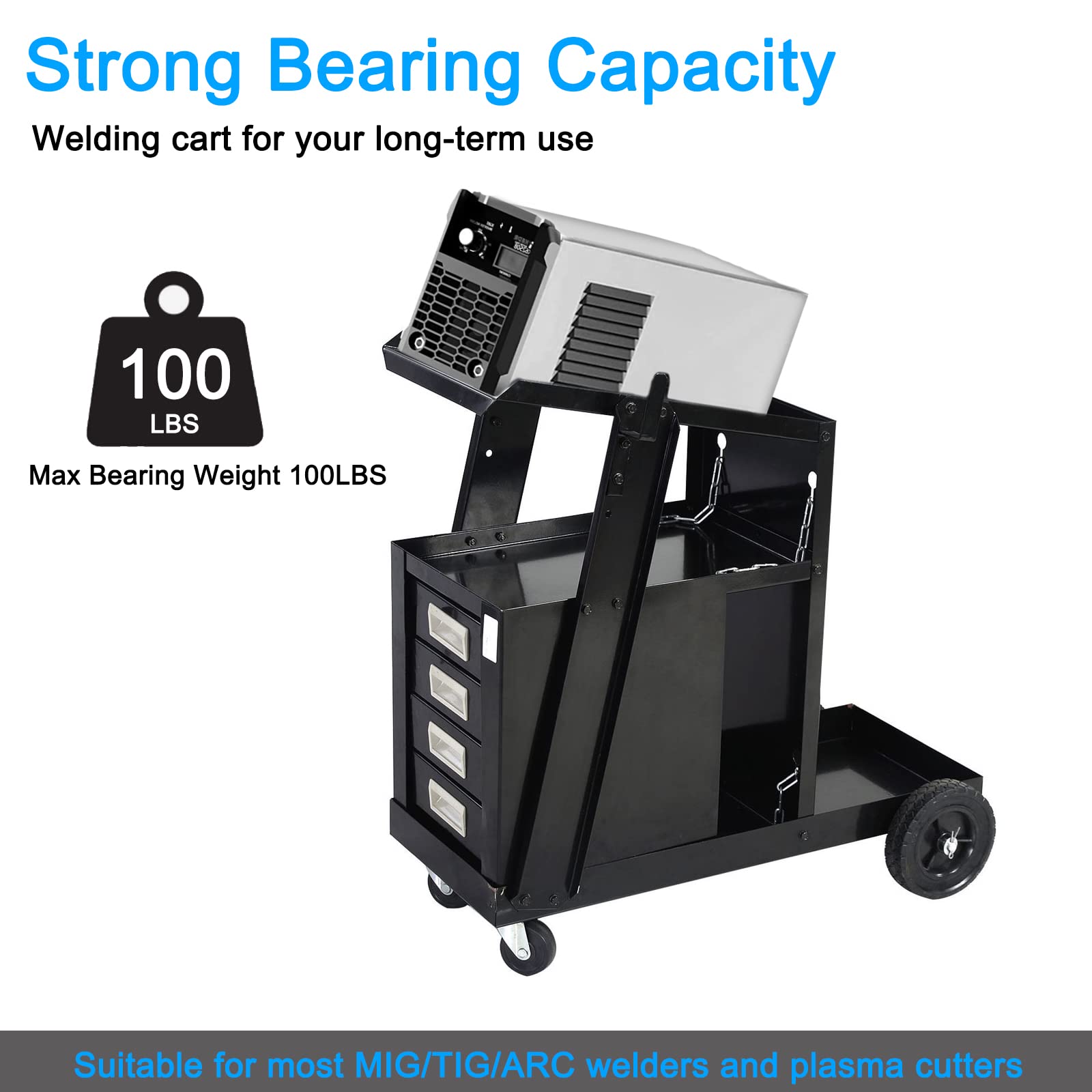 Henf Welding Cart, Rolling Welding Cart, Heavy Duty Wheels Steel Welding Trolley with 2 Safety Chains and Tank Storage, Welding Carts for MIG/TIG Welder and Plasma Cutter (With 4 Drawers)