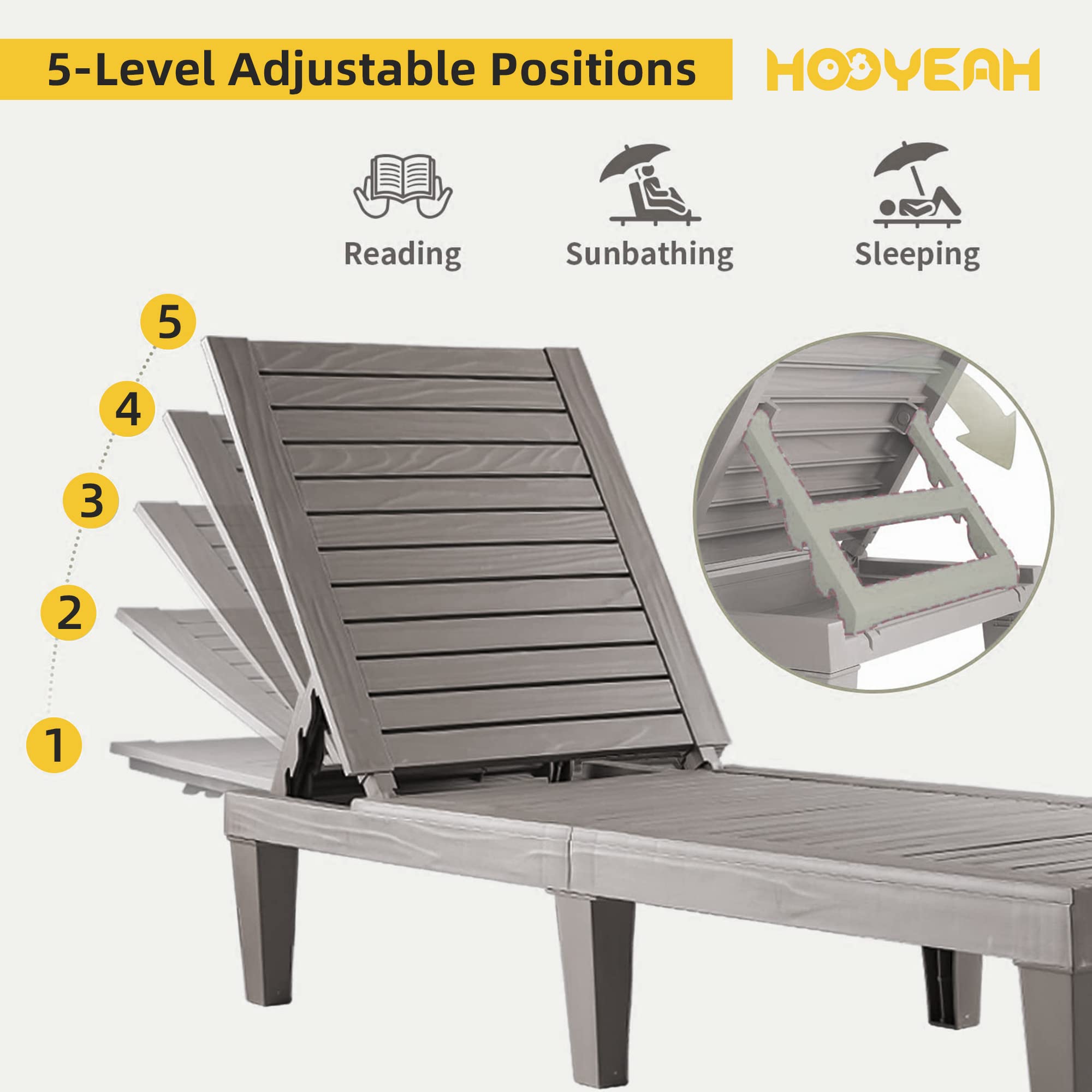 HOOYEAH Outdoor Chaise Lounge 2PCS, Adjustable Pool Lounge Chair with 5 Positions Backrest, Waterproof Sun Loungers, Durable Chair for Pool Beach Patio Garden Deck Sunbathing,Grey