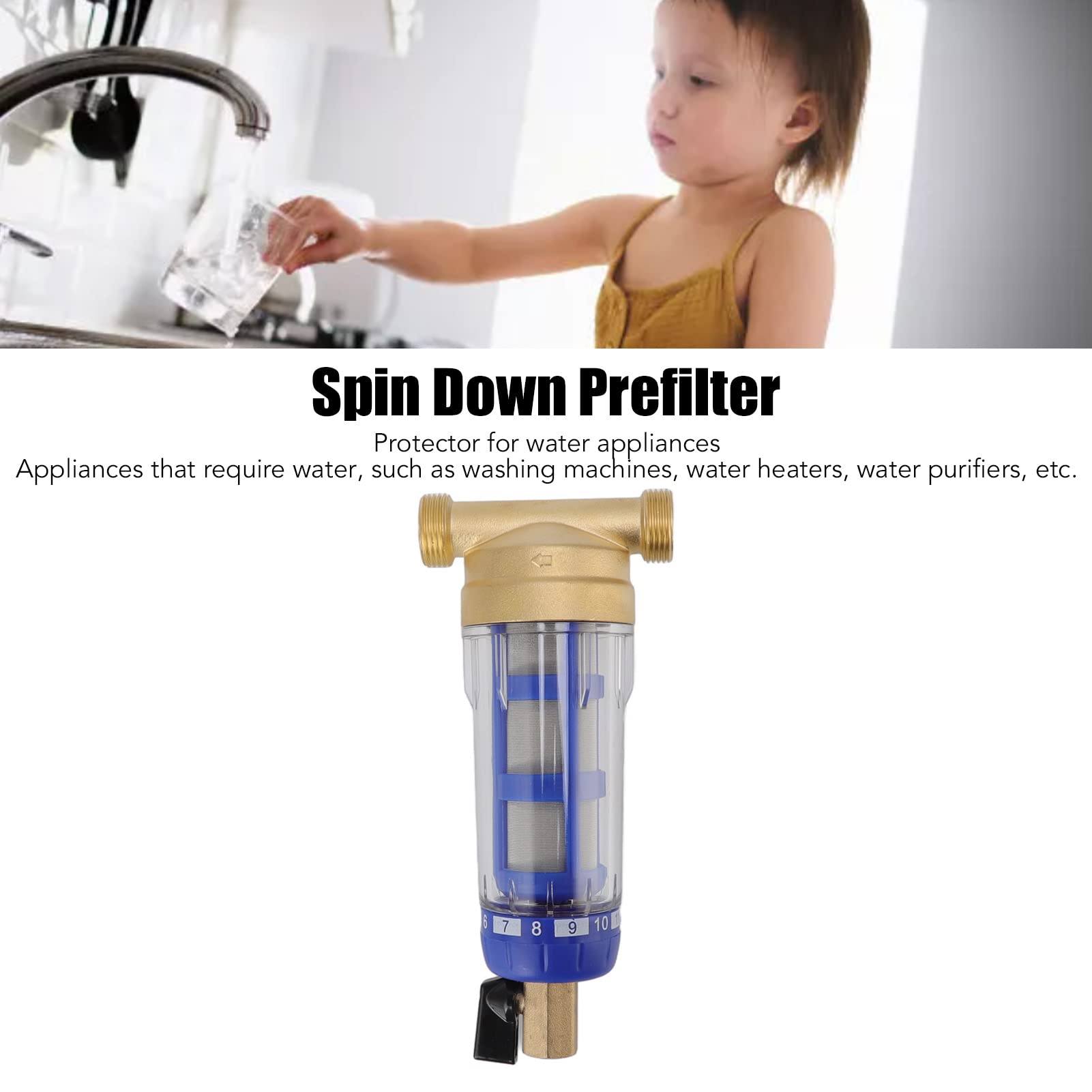 Pwshymi Whole House Spin Down Sediment Water Filter Refined Copper Head Spin Down Sediment Prefilter for Hiking, Camping, Travel Waterpurificationunit