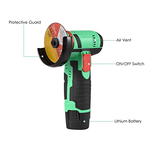 12V Cordless Angle Grinder Tool Kit Portable Lithium Electric Angle Grinder 19500rpm Mini Rechargeable Power Cutter with 2pcs Batteries 2pcs Grinding Discs for Grinding Polishing Cutting Rust Removing