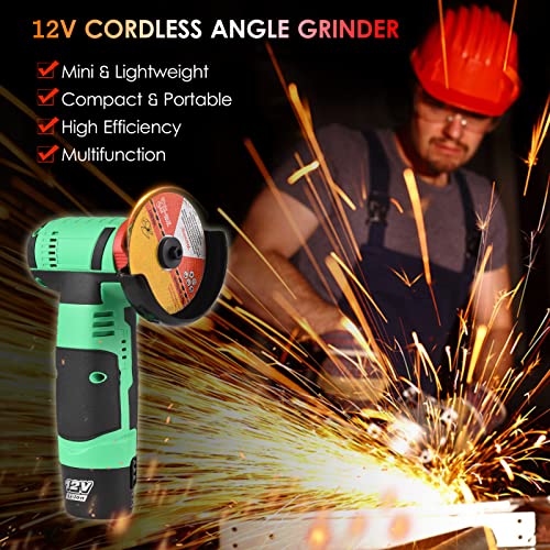 12V Cordless Angle Grinder Tool Kit Portable Lithium Electric Angle Grinder 19500rpm Mini Rechargeable Power Cutter with 2pcs Batteries 2pcs Grinding Discs for Grinding Polishing Cutting Rust Removing