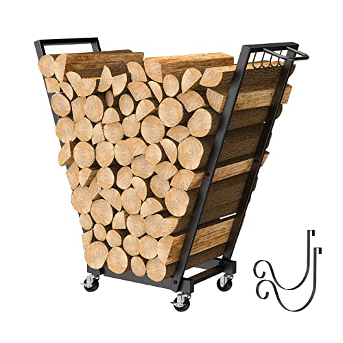 LIANTRAL Firewood Rack On Wheels, Rolling Cart Log Rack Holder Indoor Outdoor Wood Stand with Handle, 4 Hooks & Removable Kindling Rack