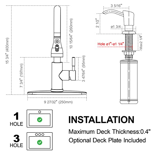 Brushed Nickel Pull Down Kitchen Faucet with Soap Dispenser - High Arc 3-Function Kitchen Sink Faucet with Pull Down Sprayer, Stainless Steel Pull Out Kitchen Faucet Single Hole Single Handle