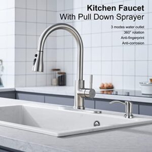 Brushed Nickel Pull Down Kitchen Faucet with Soap Dispenser - High Arc 3-Function Kitchen Sink Faucet with Pull Down Sprayer, Stainless Steel Pull Out Kitchen Faucet Single Hole Single Handle