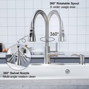 Brushed Nickel Pull Down Kitchen Faucet with Soap Dispenser - High Arc 3-Function Kitchen Sink Faucet with Pull Down Sprayer, Stainless Steel Pull Out Kitchen Faucet Single Hole Single Handle