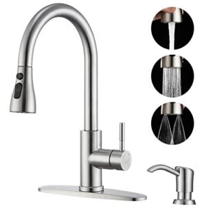 Brushed Nickel Pull Down Kitchen Faucet with Soap Dispenser - High Arc 3-Function Kitchen Sink Faucet with Pull Down Sprayer, Stainless Steel Pull Out Kitchen Faucet Single Hole Single Handle