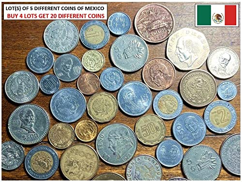 1980 M LOT(S) of 5 DIFF OLD MEXICAN COINS (RANDOM MIX) 1ST LOT SMALL, 2ND LOT MEDIUM, 3RD LOT LARGE, 4TH LOT JUMBO Dates Vary 1 Centavo to 500 Pesos Seller Average Circulated