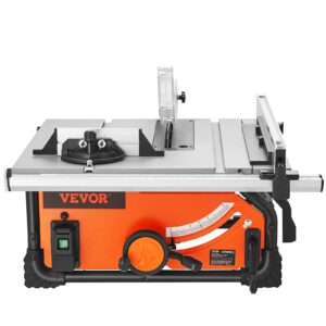 vevor table saw for jobsite, 10-inch 15-amp, 25-in max rip capacity, cutting speed up to 4500rpm, 40t blade, portable compact tablesaw with sliding miter gauge diy woodworking and furniture making