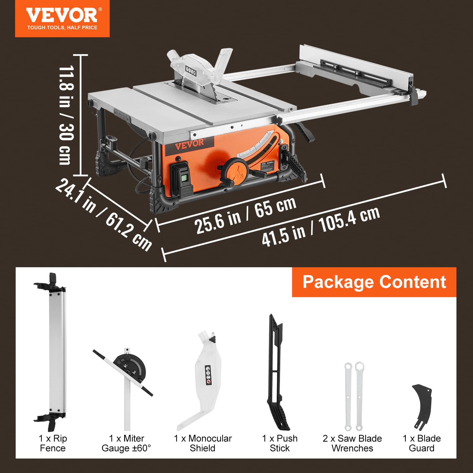 VEVOR Table Saw for Jobsite, 10-inch 15-Amp, 25-in Max Rip Capacity, Cutting Speed up to 4500RPM, 40T Blade, Portable Compact Tablesaw with Sliding Miter Gauge DIY Woodworking and Furniture Making