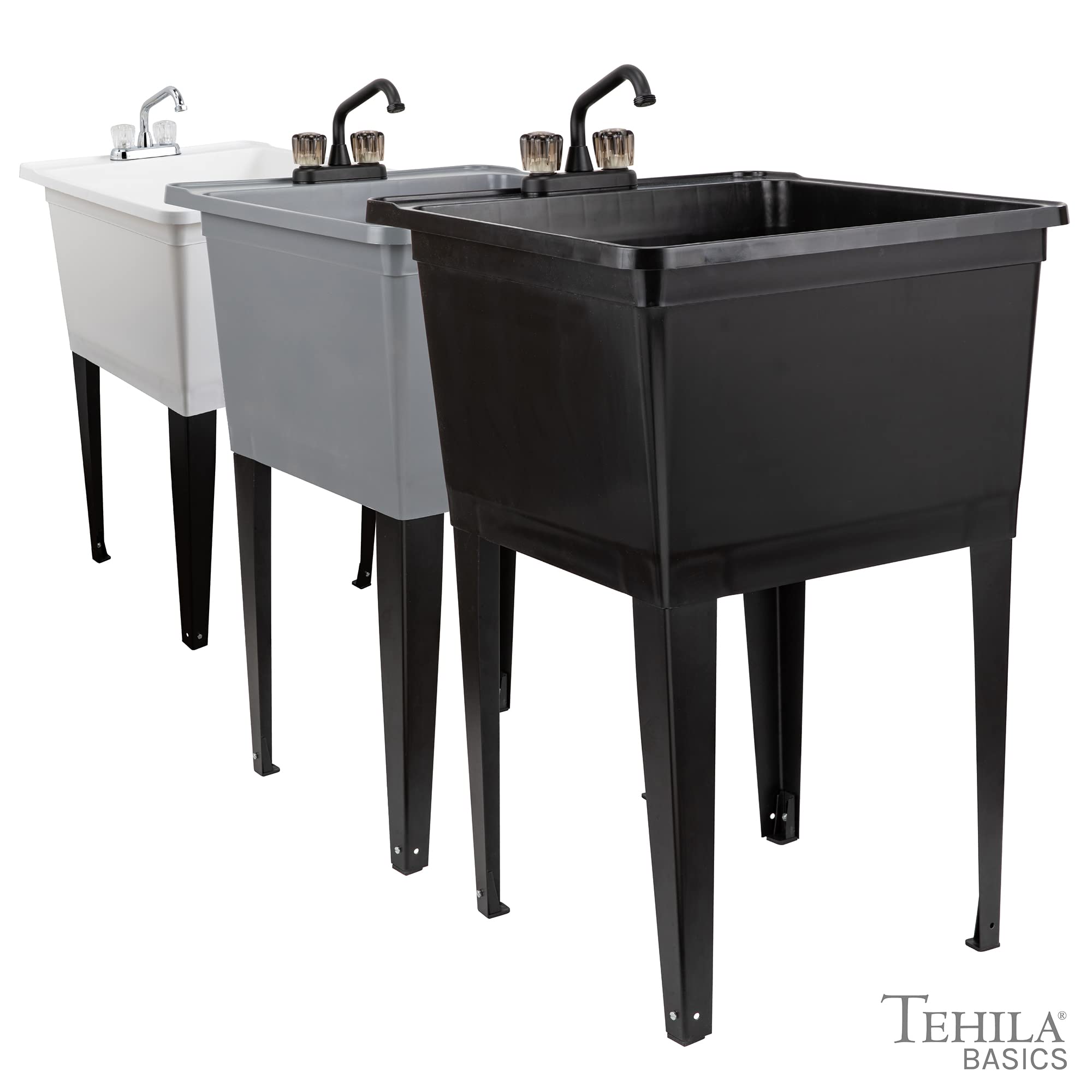 Tehila Basics by JS Jackson Supplies 21-Gallon White Freestanding Utility Sink with Chrome Finish 2-Handle Faucet, Heavy Duty Plastic Laundry Tub with Adjustable Legs