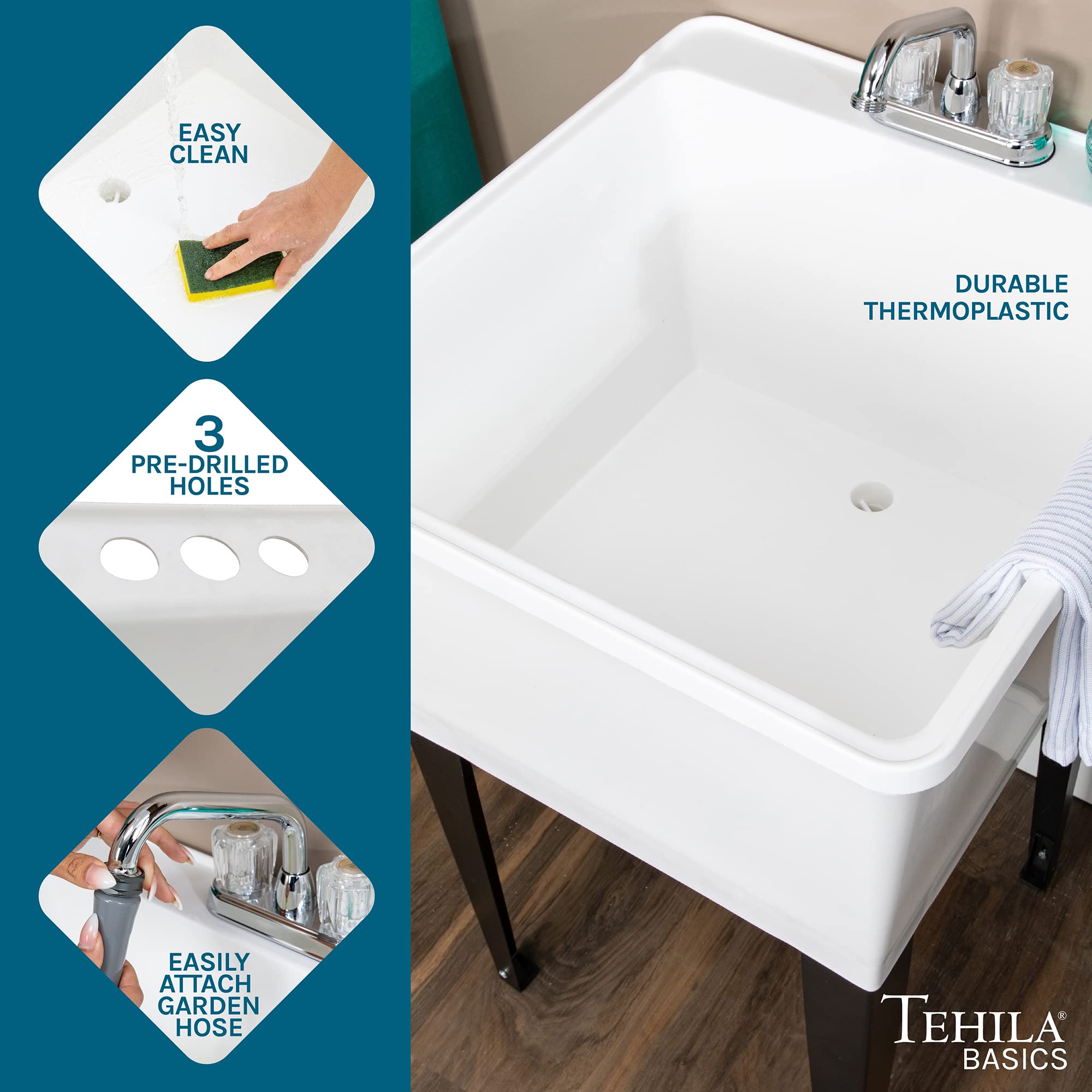 Tehila Basics by JS Jackson Supplies 21-Gallon White Freestanding Utility Sink with Chrome Finish 2-Handle Faucet, Heavy Duty Plastic Laundry Tub with Adjustable Legs