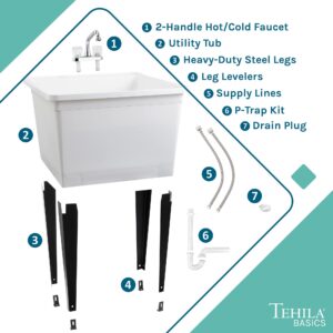 Tehila Basics by JS Jackson Supplies 21-Gallon White Freestanding Utility Sink with Chrome Finish 2-Handle Faucet, Heavy Duty Plastic Laundry Tub with Adjustable Legs