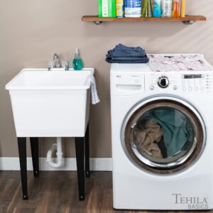 Tehila Basics by JS Jackson Supplies 21-Gallon White Freestanding Utility Sink with Chrome Finish 2-Handle Faucet, Heavy Duty Plastic Laundry Tub with Adjustable Legs