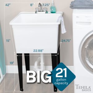 Tehila Basics by JS Jackson Supplies 21-Gallon White Freestanding Utility Sink with Chrome Finish 2-Handle Faucet, Heavy Duty Plastic Laundry Tub with Adjustable Legs