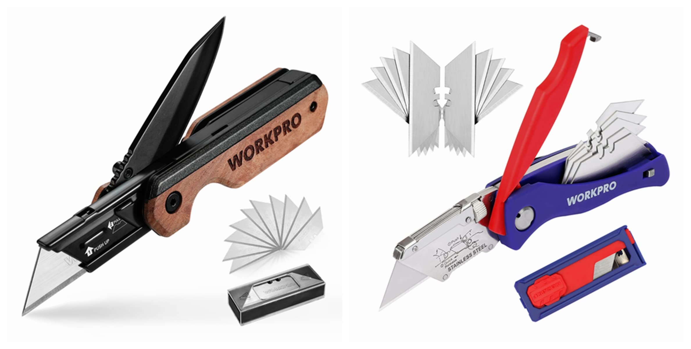 WORKPRO 2-in-1 Folding Utility Knife And Box Cutter with 25pcs SK5 Blades Extra