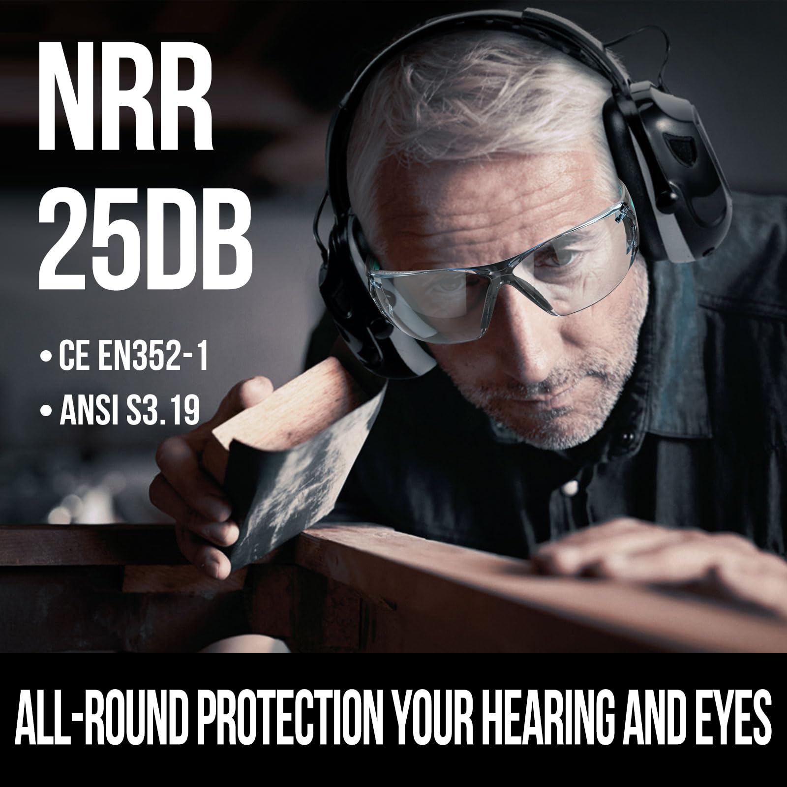 Muffpro Bluetooth Hearing Protection Ear Protection with Safety Glasses, NRR 25 dB Noise Canceling Earmuffs for Snowblowing, Mowing, Construction