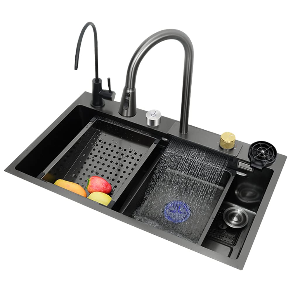 Kitchen Sink Single Bowl Sink Flying Rain Waterfall Sink Household Sink, Workstation Kitchen Sink Domestic Sink Set,Integrated Sink with Pull-Out Tap, Chopping Board,Cup Washer (80×45×21cm)