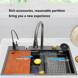 Kitchen Sink Single Bowl Sink Flying Rain Waterfall Sink Household Sink, Workstation Kitchen Sink Domestic Sink Set,Integrated Sink with Pull-Out Tap, Chopping Board,Cup Washer (80×45×21cm)