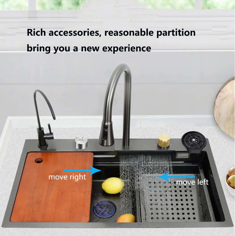 Kitchen Sink Single Bowl Sink Flying Rain Waterfall Sink Household Sink, Workstation Kitchen Sink Domestic Sink Set,Integrated Sink with Pull-Out Tap, Chopping Board,Cup Washer (80×45×21cm)