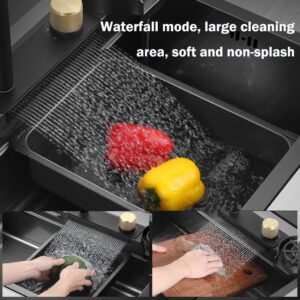 Kitchen Sink Single Bowl Sink Flying Rain Waterfall Sink Household Sink, Workstation Kitchen Sink Domestic Sink Set,Integrated Sink with Pull-Out Tap, Chopping Board,Cup Washer (80×45×21cm)