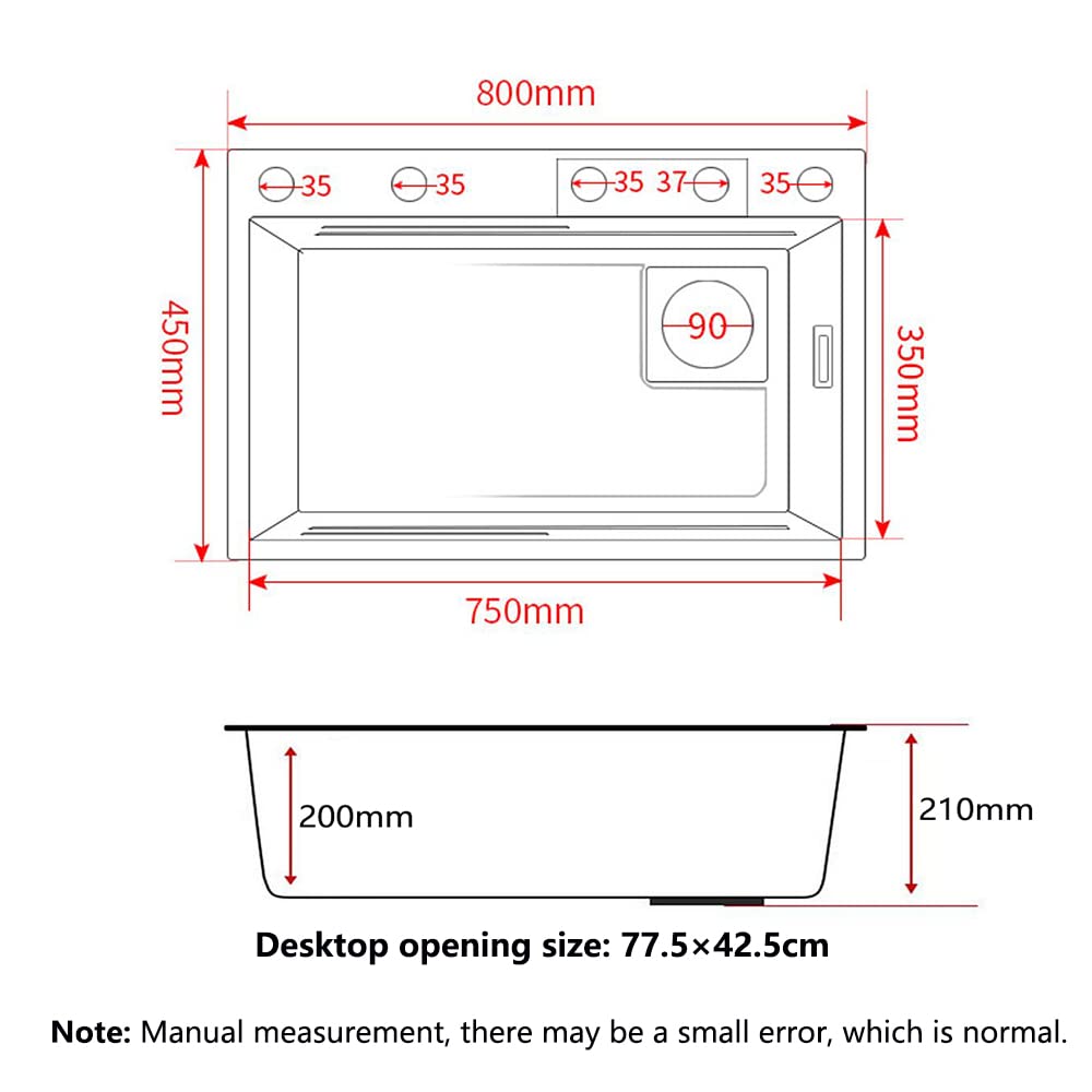 Kitchen Sink Single Bowl Sink Flying Rain Waterfall Sink Household Sink, Workstation Kitchen Sink Domestic Sink Set,Integrated Sink with Pull-Out Tap, Chopping Board,Cup Washer (80×45×21cm)