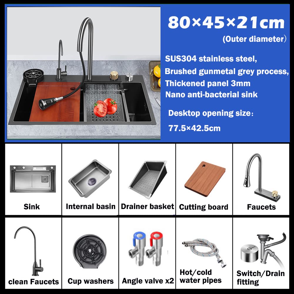 Kitchen Sink Single Bowl Sink Flying Rain Waterfall Sink Household Sink, Workstation Kitchen Sink Domestic Sink Set,Integrated Sink with Pull-Out Tap, Chopping Board,Cup Washer (80×45×21cm)