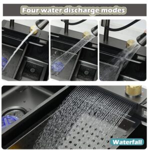 Kitchen Sink Single Bowl Sink Flying Rain Waterfall Sink Household Sink, Workstation Kitchen Sink Domestic Sink Set,Integrated Sink with Pull-Out Tap, Chopping Board,Cup Washer (80×45×21cm)