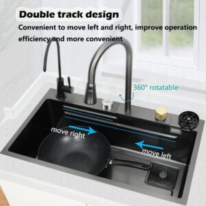 Kitchen Sink Single Bowl Sink Flying Rain Waterfall Sink Household Sink, Workstation Kitchen Sink Domestic Sink Set,Integrated Sink with Pull-Out Tap, Chopping Board,Cup Washer (80×45×21cm)