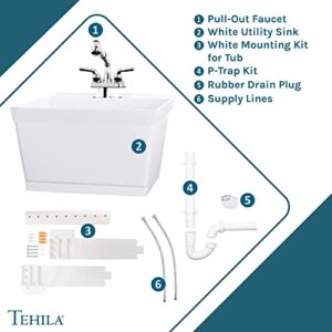 JS Jackson Supplies Tehila White Wall-Mounted Utility Sink Tub Kit with Chrome Finish Pullout Faucet, Wall-Mounted Utility Tub with Wall Bracket for Laundry Room, Garage, Workshop