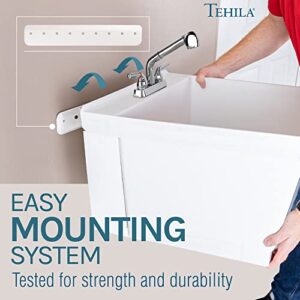 JS Jackson Supplies Tehila White Wall-Mounted Utility Sink Tub Kit with Chrome Finish Pullout Faucet, Wall-Mounted Utility Tub with Wall Bracket for Laundry Room, Garage, Workshop