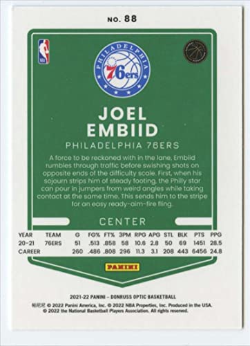 2021-22 DONRUSS OPTIC #88 JOEL EMBIID PHILADELPHIA 76ERS BASKETBALL OFFICIAL TRADING CARD OF THE NBA