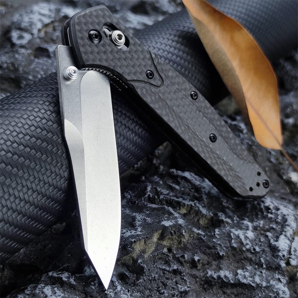 Outdoor Folding Pocket Knife, Reverse Tanto Blade, Plain Edge, Satin Finish, Black Carbon Fiber Handle With Belt Clip, Everyday Carry Thumb Studs Manual Open