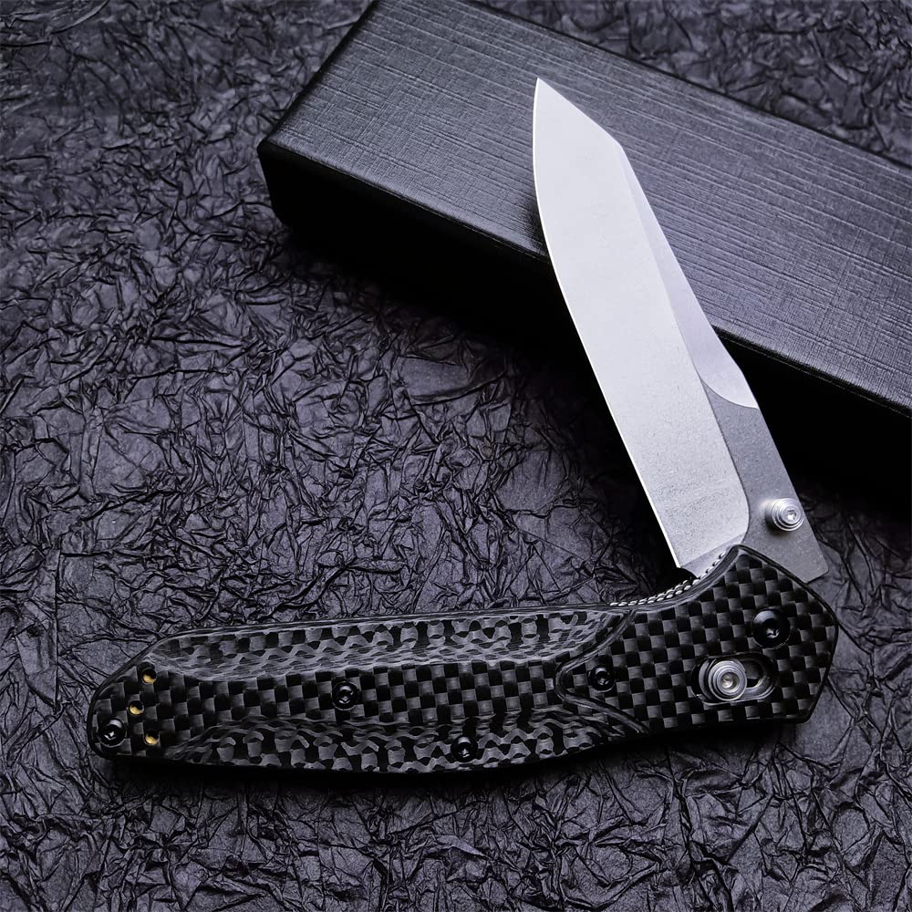 Outdoor Folding Pocket Knife, Reverse Tanto Blade, Plain Edge, Satin Finish, Black Carbon Fiber Handle With Belt Clip, Everyday Carry Thumb Studs Manual Open