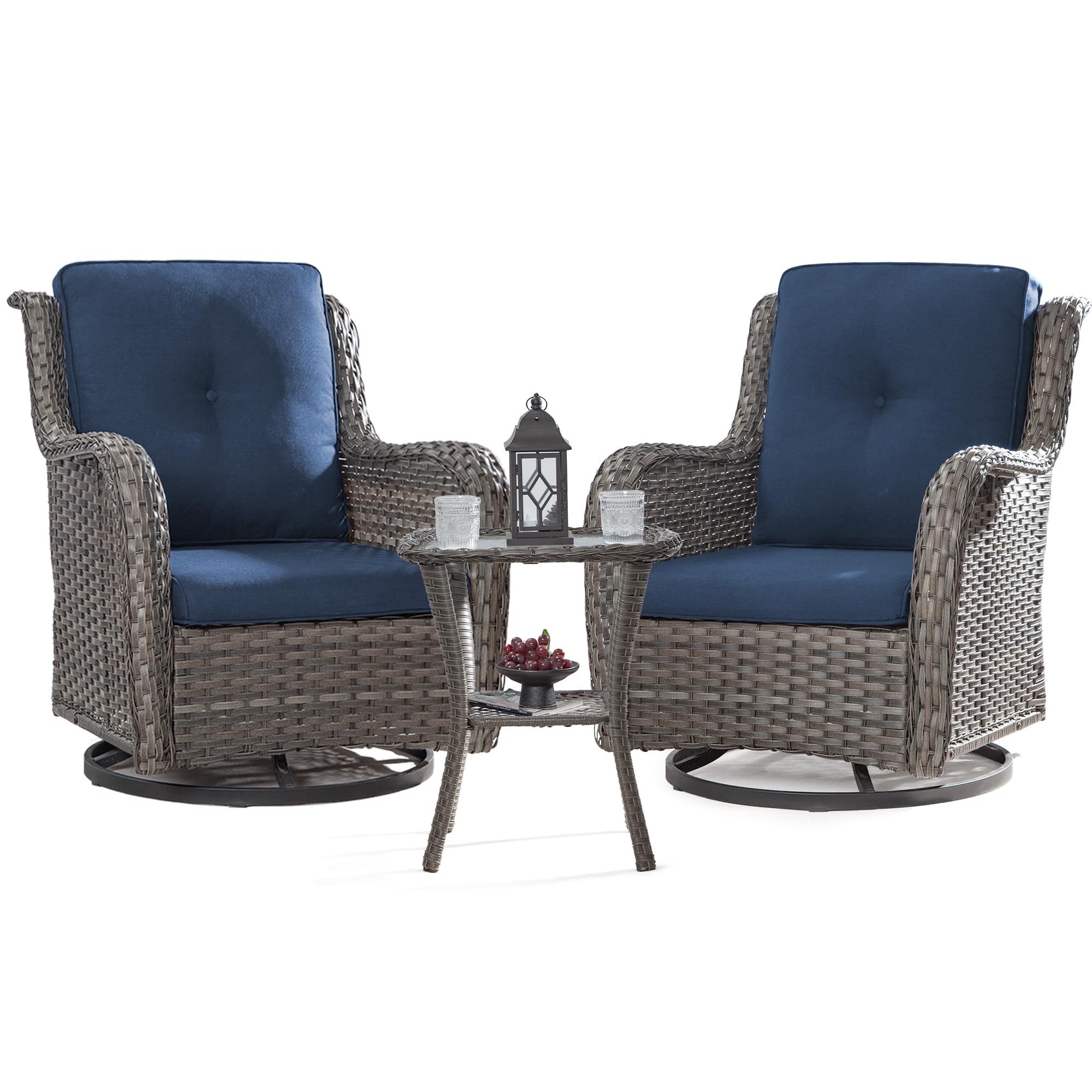 Joyside Outdoor Swivel Rocker Patio Chairs Set of 2 and Matching Side Table - 3 Piece Wicker Patio Bistro Set with Premium & Soft Fabric Cushions(Mixed Grey/Blue)